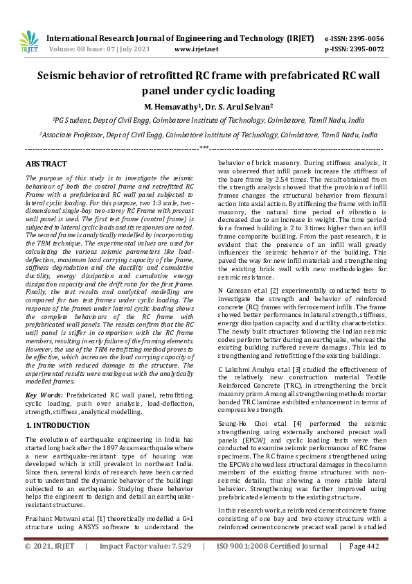 Pdf Irjet Seismic Behavior Of Retrofitted Rc Frame With Prefabricated Rc Wall Panel Under