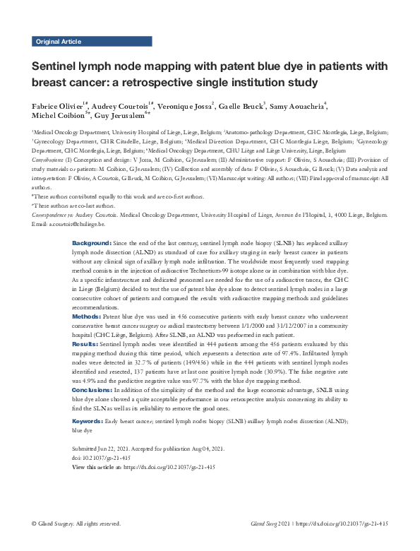 (PDF) Sentinel lymph node mapping with patent blue dye in patients with ...