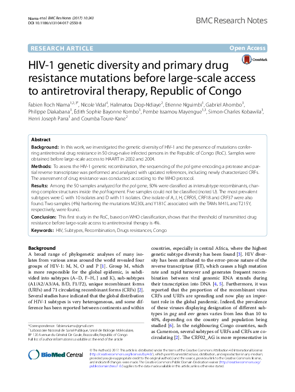 (PDF) HIV-1 genetic diversity and primary drug resistance mutations ...