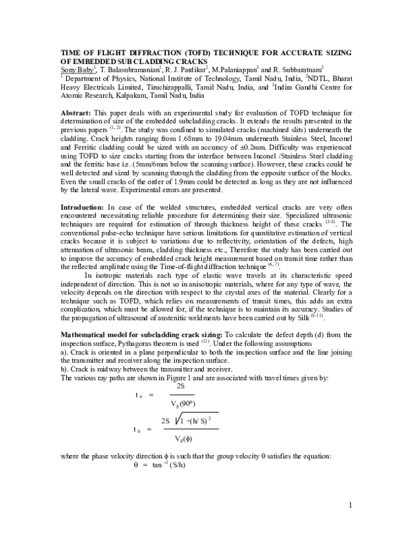 (PDF) Time-of-flight diffraction (TOFD) technique for accurate sizing of cracks embedded in sub ...
