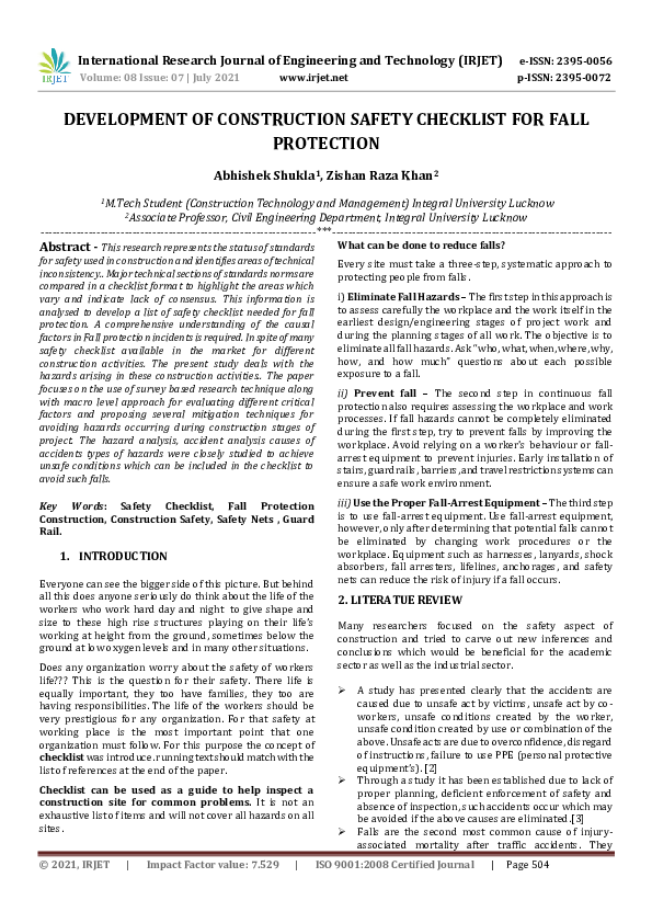 (PDF) DEVELOPMENT OF CONSTRUCTION SAFETY CHECKLIST FOR FALL PROTECTION