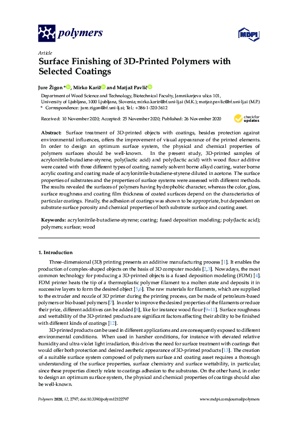 (PDF) Surface Finishing of 3D-Printed Polymers with Selected Coatings