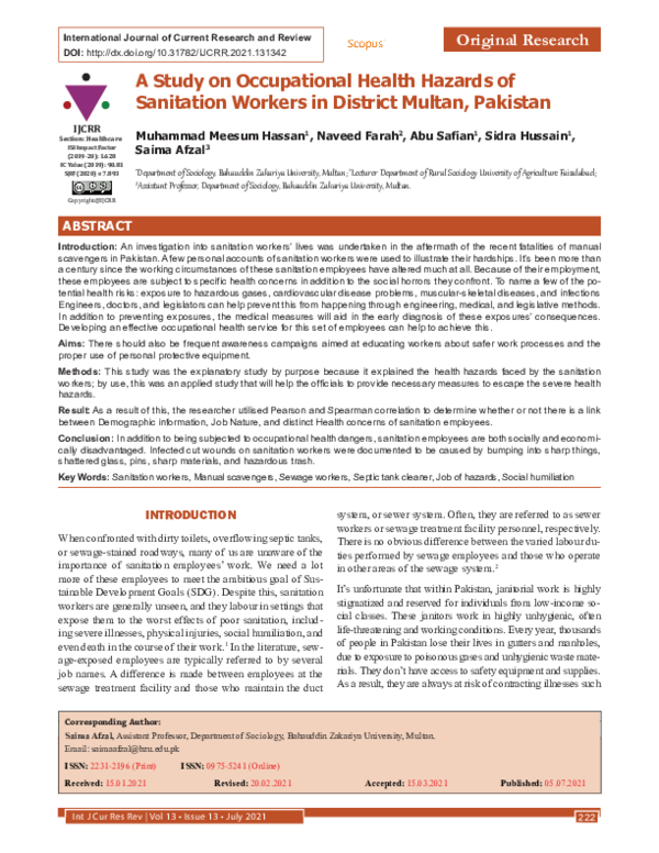 (PDF) A Study on Occupational Health Hazards of Sanitation Workers in ...