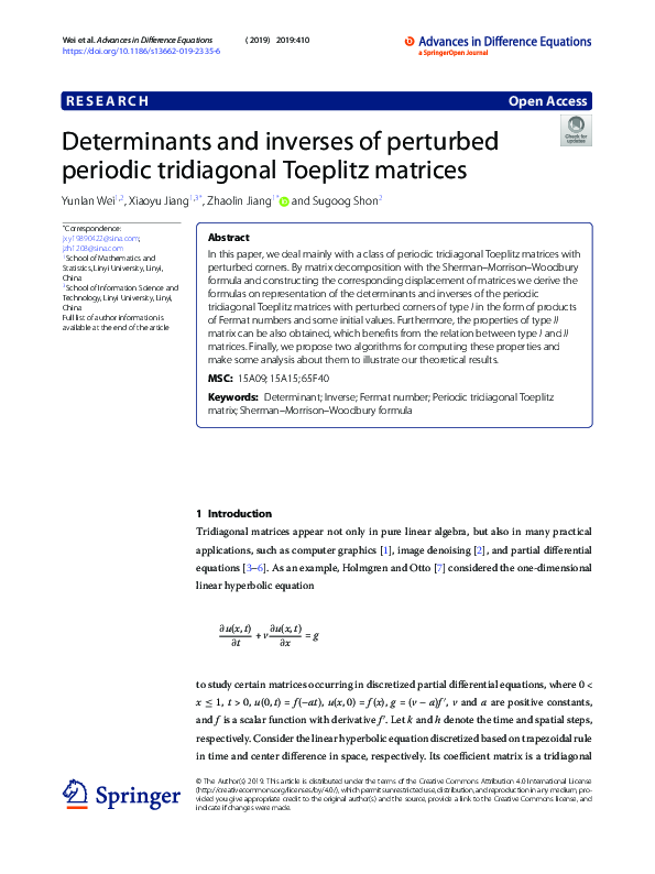 (PDF) Determinants and inverses of perturbed periodic tridiagonal Toeplitz matrices