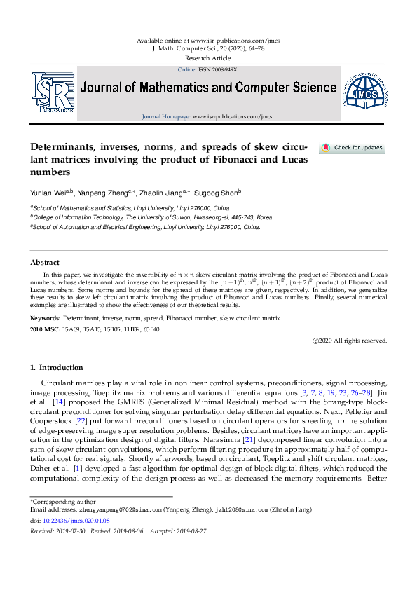 Pdf Determinants Inverses Norms And Spreads Of Skew Circulant Matrices Involving The
