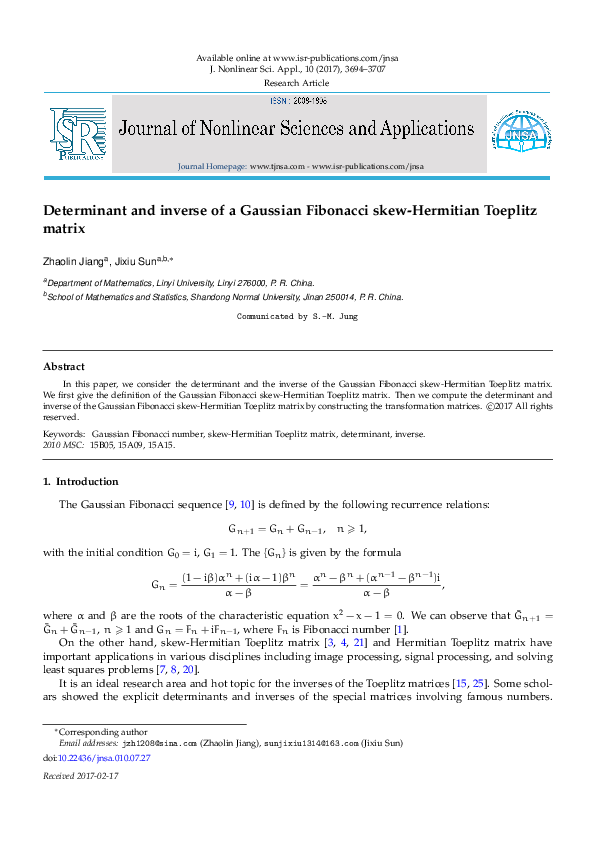 Pdf Determinant And Inverse Of A Gaussian Fibonacci Skew Hermitian Toeplitz Matrix