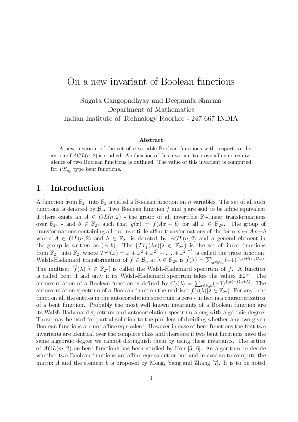 (PDF) On a new invariant of Boolean functions | Deepmala Sharma - Academia.edu