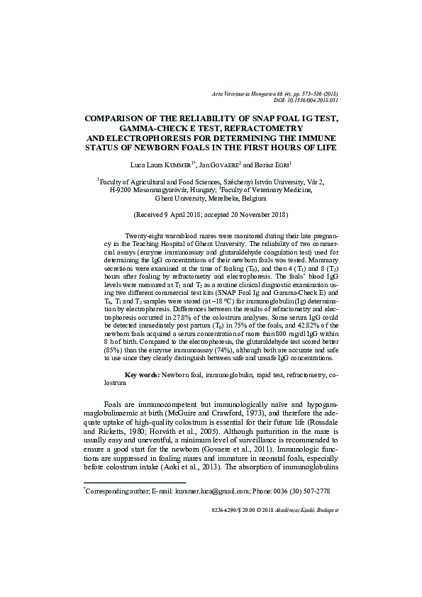 (PDF) Comparison of the reliability of snap foal Ig test, Gamma-Check E ...