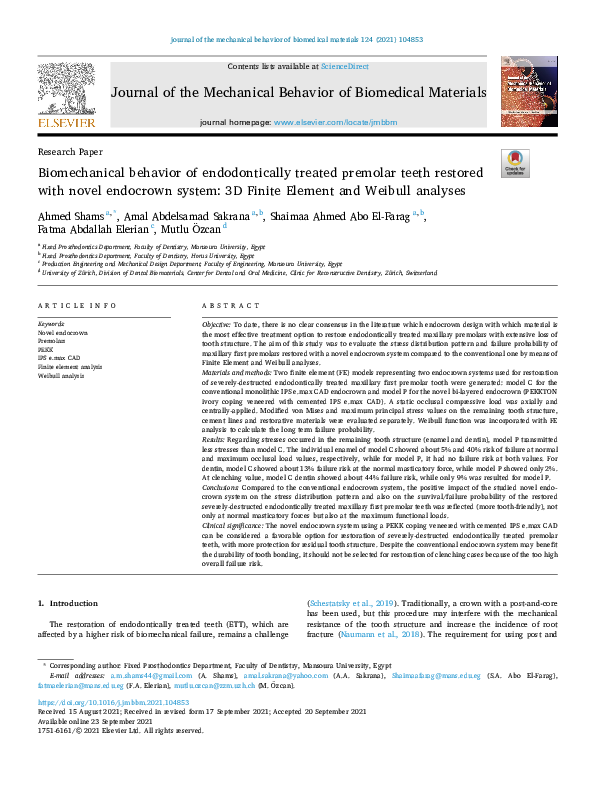 (PDF) Biomechanical behavior of endodontically treated premolar teeth restored with novel ...