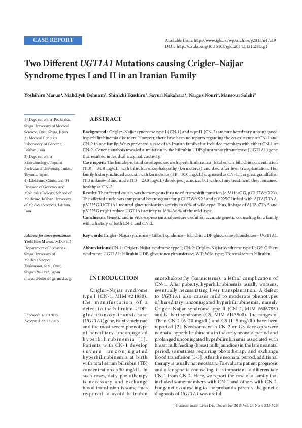 (PDF) Two Different UGT1A1 Mutations causing Crigler-Najjar Syndrome types I and II in an ...