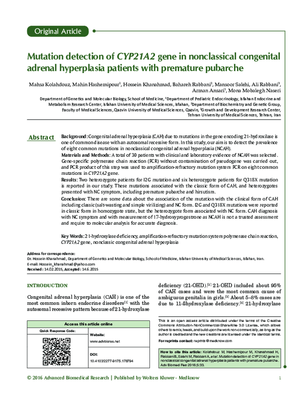 (PDF) CYP21A2 Mutation Prevalence in NCAH Patients