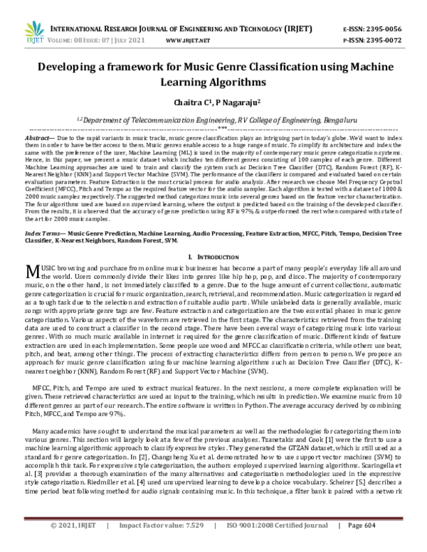 (PDF) IRJET- Developing a Framework for Music Genre Classification ...