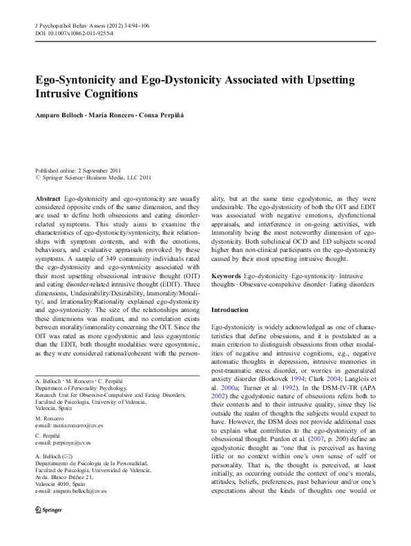 (PDF) Ego-Syntonicity and Ego-Dystonicity Associated with Upsetting ...