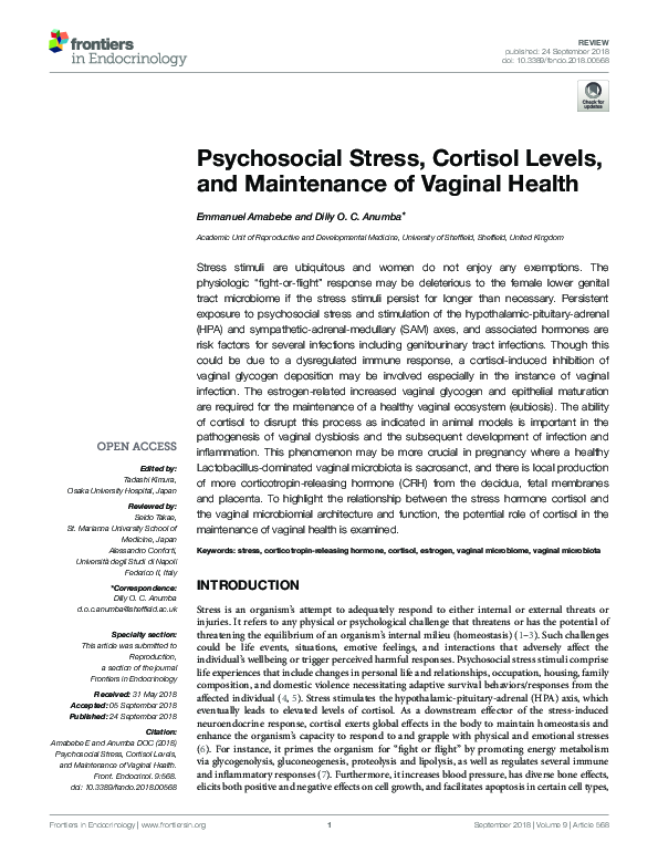 (PDF) Psychosocial Stress, Cortisol Levels, and Maintenance of Vaginal Health