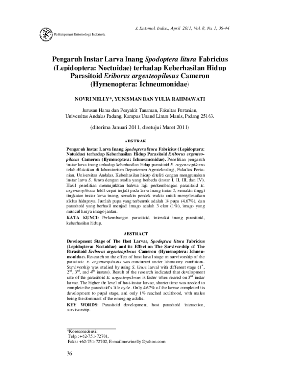 (PDF) Pengaruh Instar Larva Inang Spodoptera litura Fabricius (Lepidoptera: Noctuidae) terhadap ...