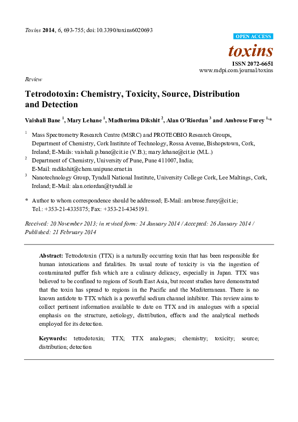 (PDF) Tetrodotoxin: Chemistry, toxicity, source, distribution and detection