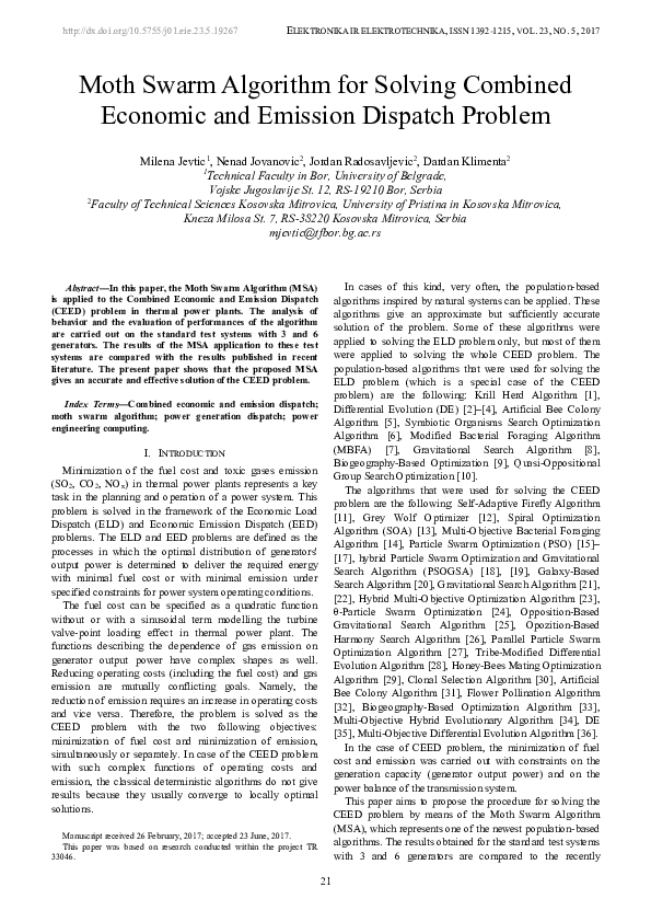 (PDF) Moth Swarm Algorithm for Solving Combined Economic and Emission Dispatch Problem
