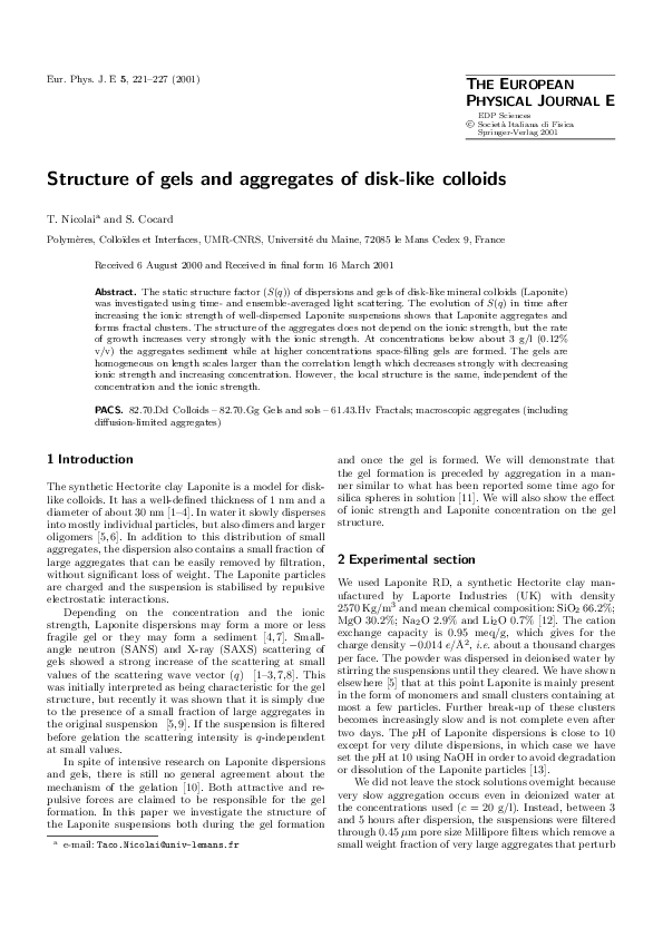 (PDF) Structure of gels and aggregates of disk-like colloids