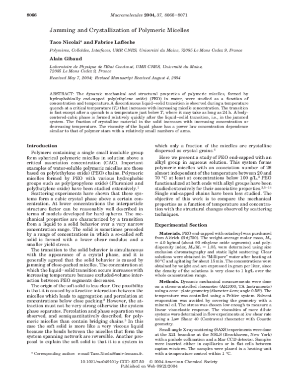 (PDF) Jamming and Crystallization of Polymeric Micelles