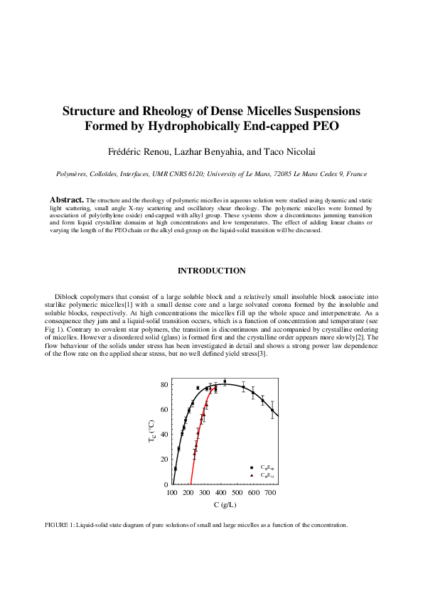 (PDF) Structure and Rheology of Dense Micelles Suspensions Formed by ...