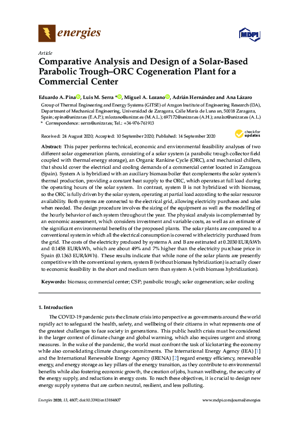 (PDF) Comparative Analysis and Design of a Solar-Based Parabolic Trough–ORC Cogeneration Plant ...