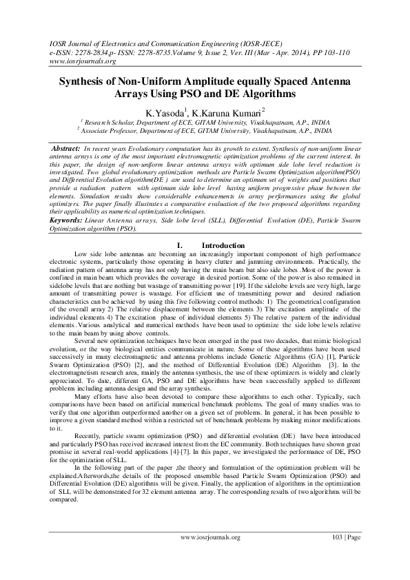 Pdf Synthesis Of Non Uniform Amplitude Equally Spaced Antenna Arrays Using Pso And De Algorithms