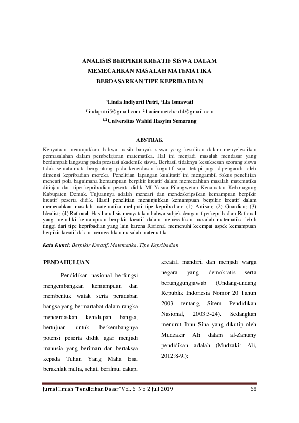 (PDF) Analisis Berpikir Kreatif Siswa Dalam Memecahkan Masalah Matematika Berdasarkan Tipe ...