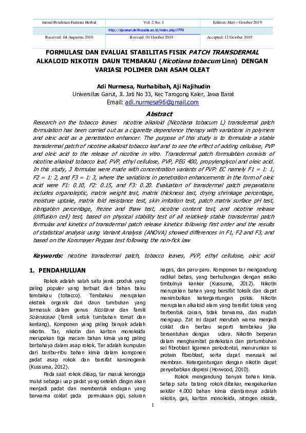 (PDF) FORMULASI DAN EVALUAI STABILITAS FISIK PATCH TRANSDERMAL ALKALOID ...