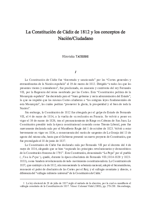 (PDF) La Constitución de Cádiz de 1812 y los conceptos de Nación/Ciudadano
