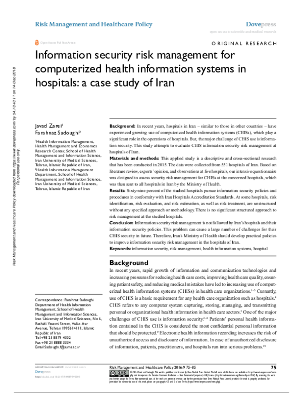 Pdf Information Security Risk Management For Computerized Health