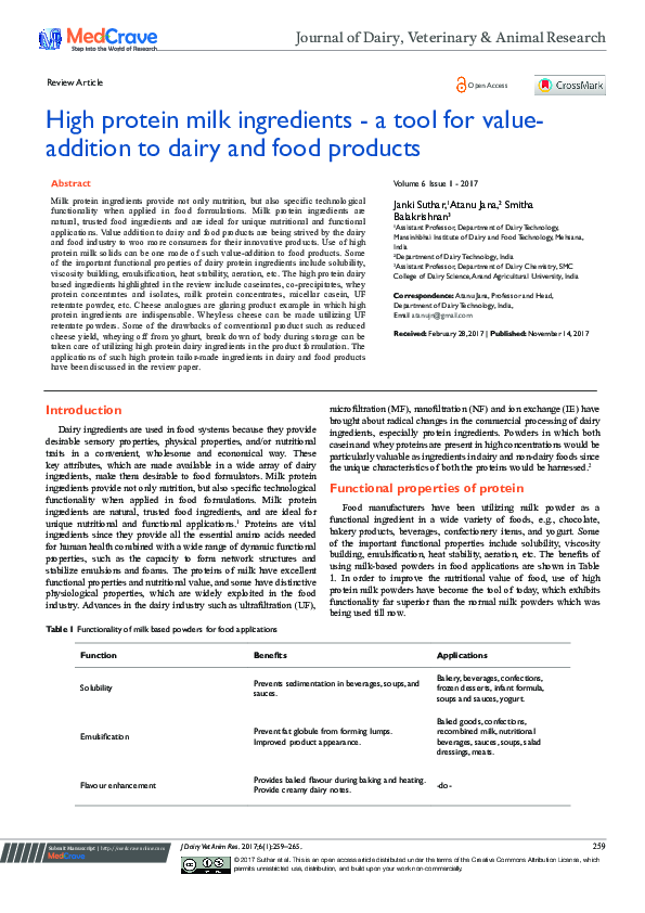 (PDF) High Protein Milk Ingredients - A Tool for Value-Addition to ...