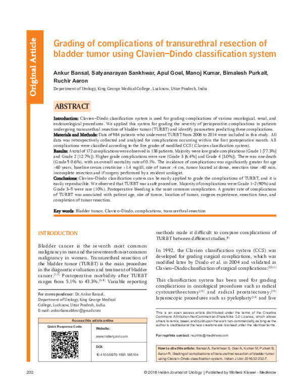 (PDF) Grading of complications of transurethral resection of bladder tumor using Clavien–Dindo ...