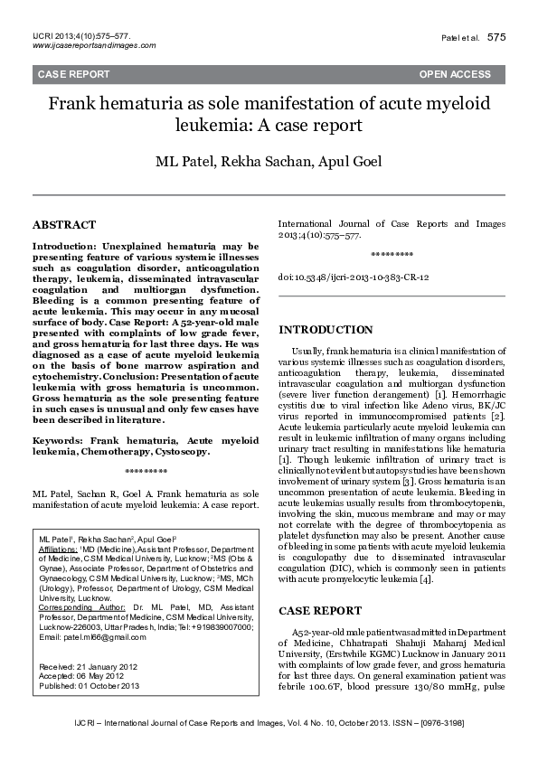(PDF) Frank hematuria as sole manifestation of acute myeloid leukemia ...