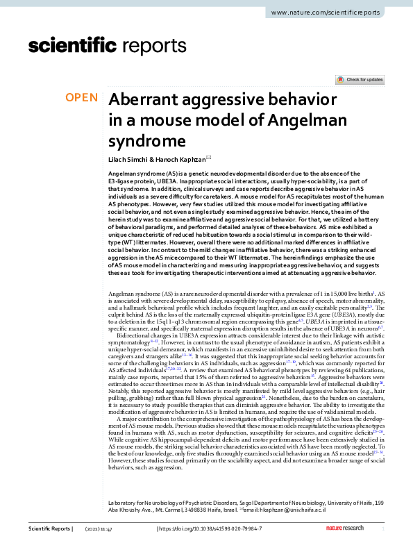 (PDF) Aberrant aggressive behavior in a mouse model of Angelman syndrome