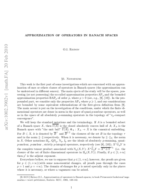 (PDF) Approximation of operators in Banach spaces