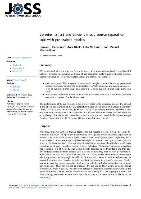 (PDF) Spleeter: a fast and efficient music source separation tool with pre-trained models