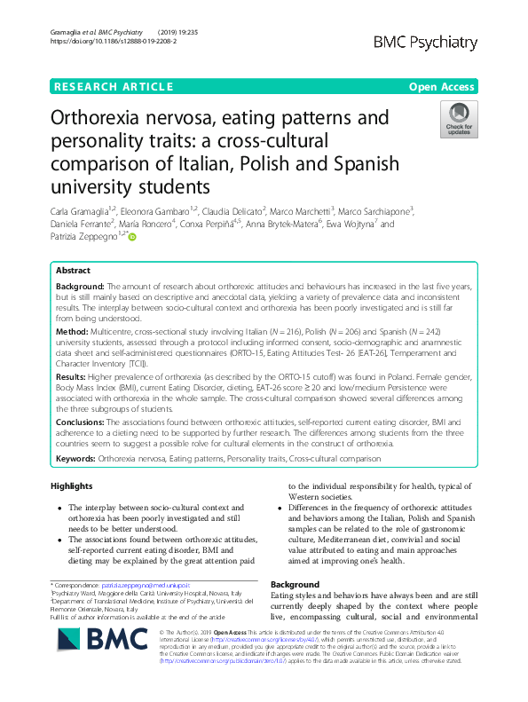(PDF) Orthorexia nervosa, eating patterns and personality traits: a cross-cultural comparison of ...