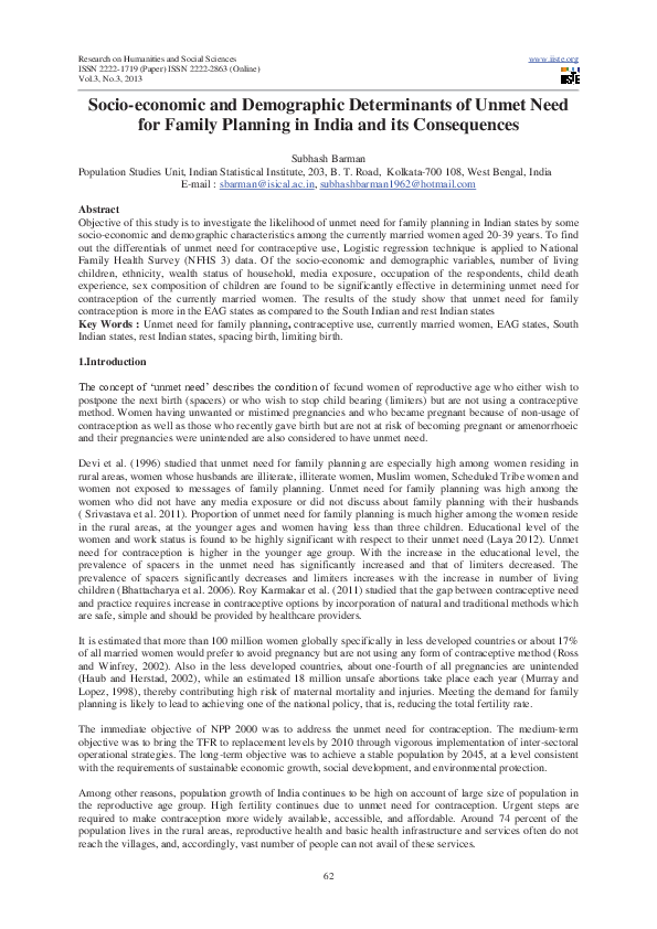 (PDF) Socio-economic and Demographic Determinants of Unmet Need for Family Planning in India and ...