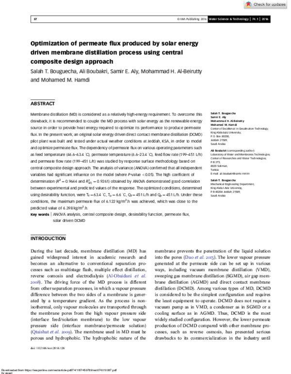 (PDF) Optimization of permeate flux produced by solar energy driven membrane distillation ...