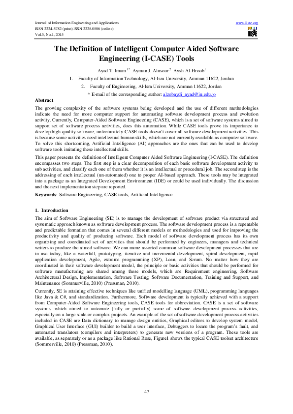 (PDF) The Definition of Intelligent Computer Aided Software Engineering (I-CASE) Tools