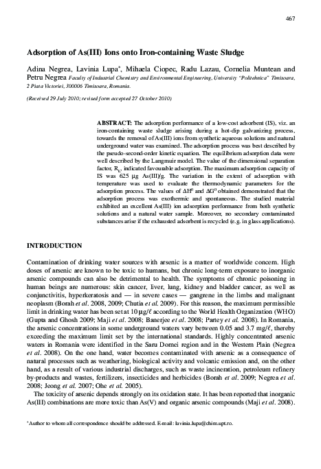 (PDF) Adsorption of As(III) Ions onto Iron-containing Waste Sludge