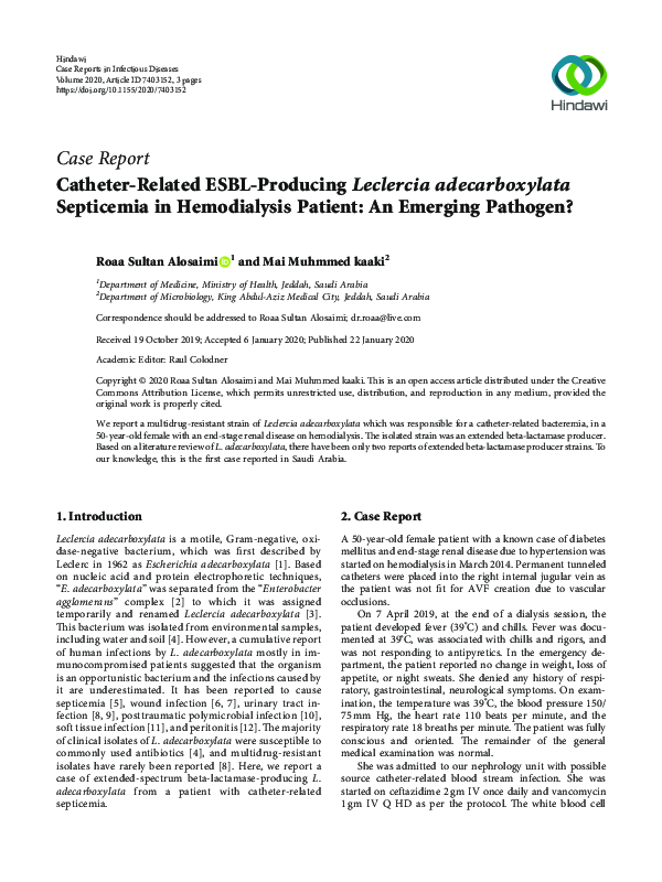 (PDF) Catheter-Related ESBL-Producing Leclercia adecarboxylata ...