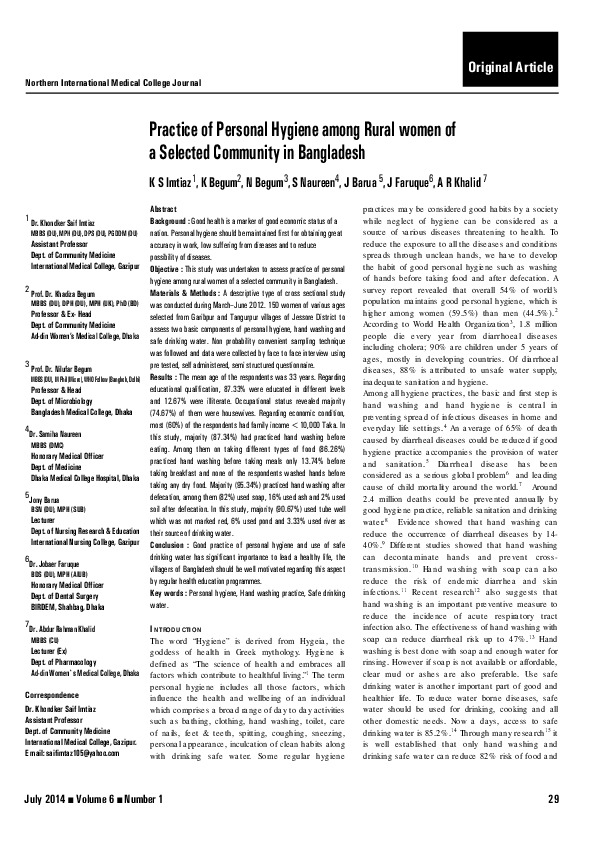 (PDF) Practice of personal hygiene among rural women of a selected ...