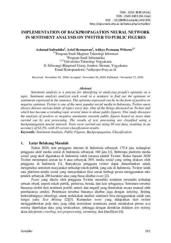 Pdf Implementation Of Backpropagation Neural Network In Sentiment Analysis On Twitter To