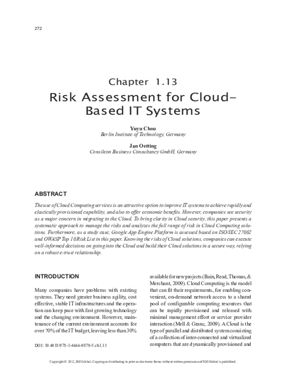 (PDF) Risk Assessment for Cloud-Based IT Systems