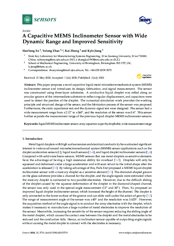 (PDF) A Capacitive MEMS Inclinometer Sensor with Wide Dynamic Range and Improved Sensitivity
