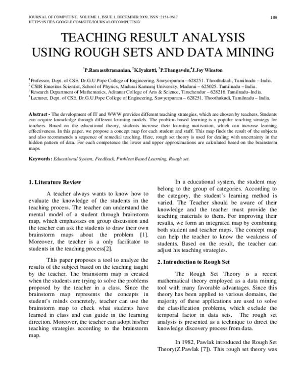 (PDF) Teaching Result Analysis Using Rough Sets and Data Mining | Joy Winston - Academia.edu