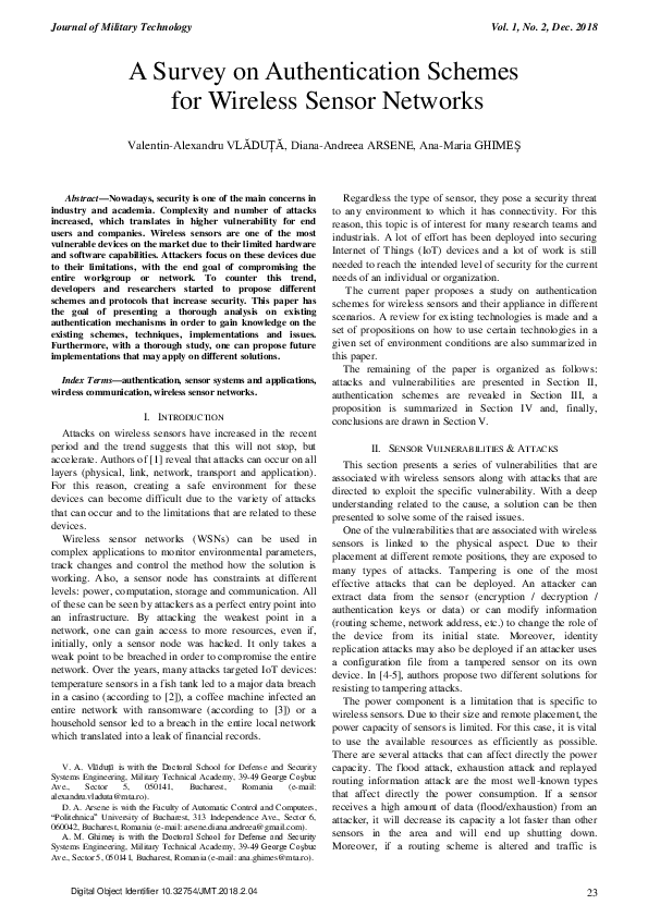 Pdf A Survey On Authentication Schemes For Wireless Sensor Networks Diana Arsene