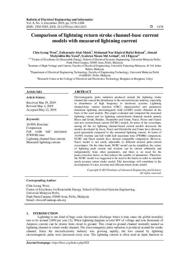 (PDF) Comparison of lightning return stroke channel-base current models with measured lightning ...