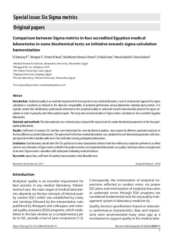 (PDF) Comparison between Sigma metrics in four accredited Egyptian ...